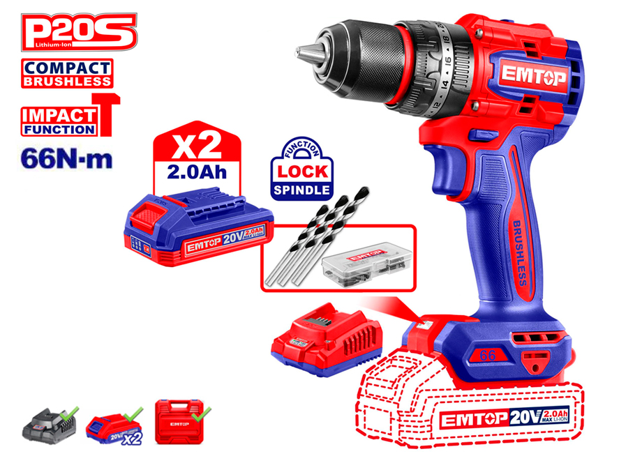 TALADRO PERCUTOR BATERIA EMTOP 20V 66NM 22+1+1 P20S (INCLUYE 2 BATERIAS, CARGADOR, MALETIN ...